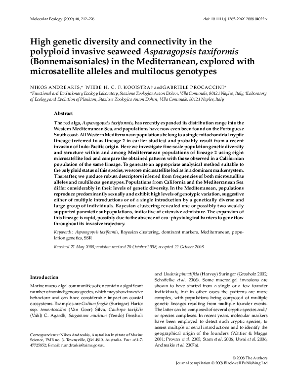 (PDF) High genetic diversity and connectivity in the polyploid invasive seaweed Asparagopsis ...