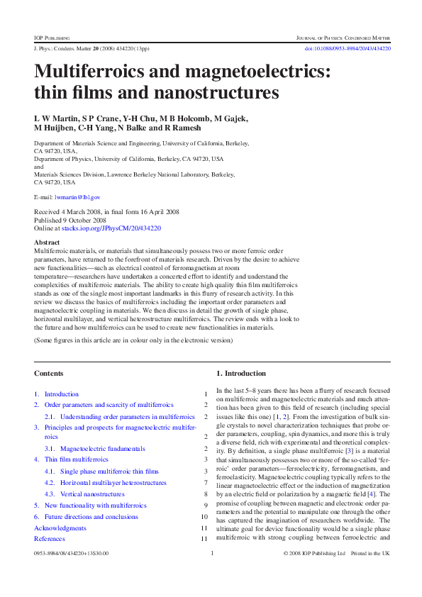 (PDF) Multiferroics and magnetoelectrics: thin films and nanostructures