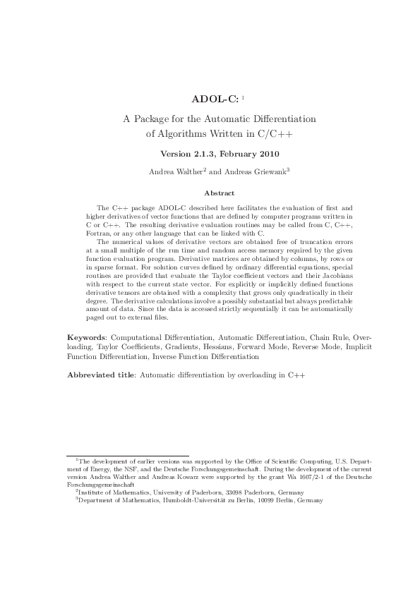 Pdf Algorithm 755 Adol C A Package For The Automatic Differentiation Of Algorithms Written