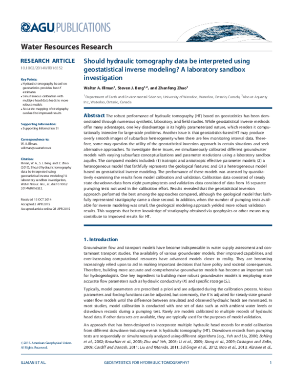 Pdf Should Hydraulic Tomography Data Be Interpreted Using Geostatistical Inverse Modeling A