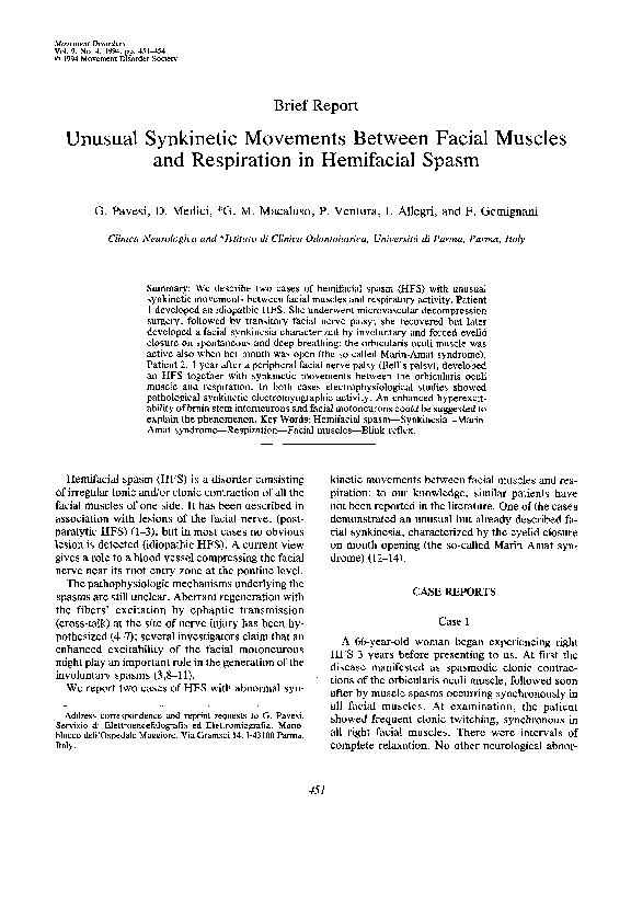 (PDF) Unusual synkinetic movements between facial muscles and ...