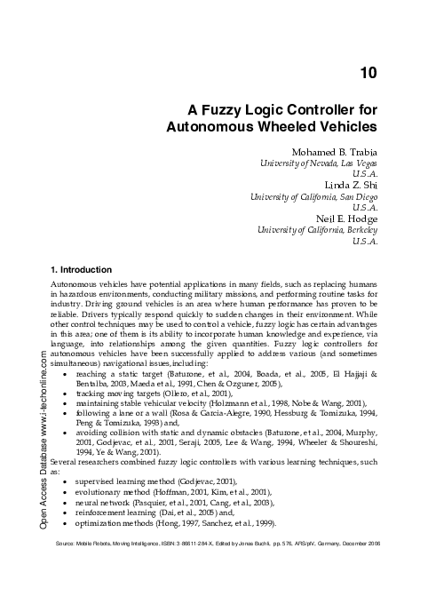 (PDF) A Fuzzy Logic Controller for Autonomous Wheeled Vehicles