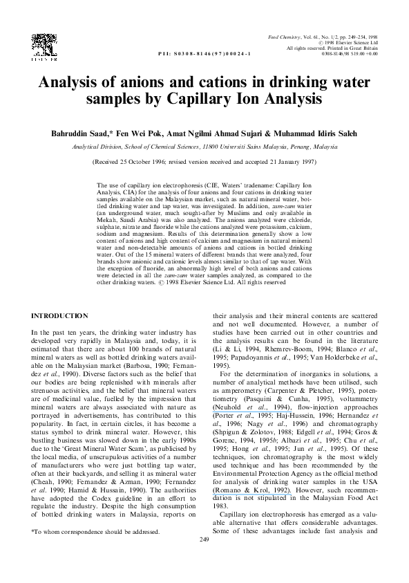 (PDF) Analysis of anions and cations in drinking water samples by ...