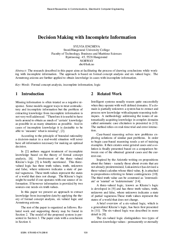 (PDF) Decision Making with Incomplete Information