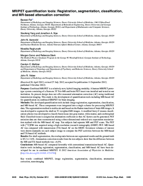 (PDF) MR∕PET quantification tools: Registration, segmentation ...