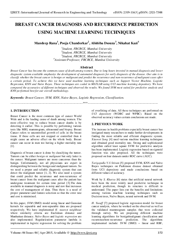 Pdf Breast Cancer Diagnosis And Recurrence Prediction Using Machine Learning Techniques