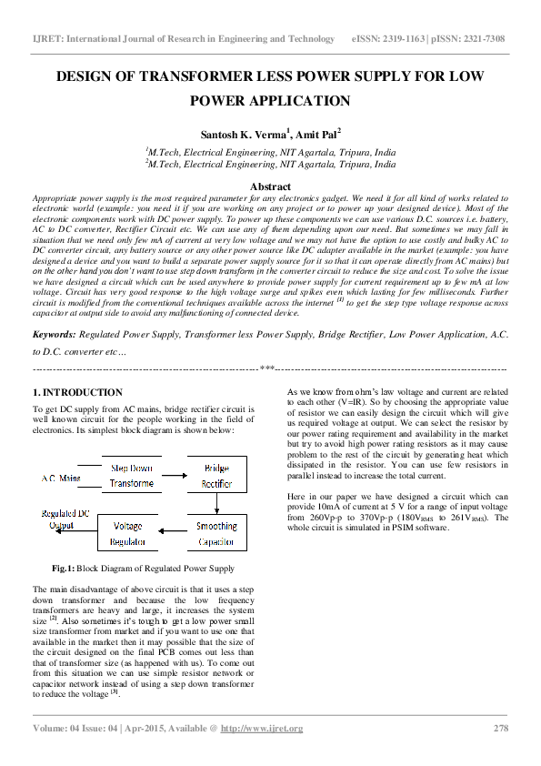 (PDF) DESIGN OF TRANSFORMER LESS POWER SUPPLY FOR LOW POWER APPLICATION