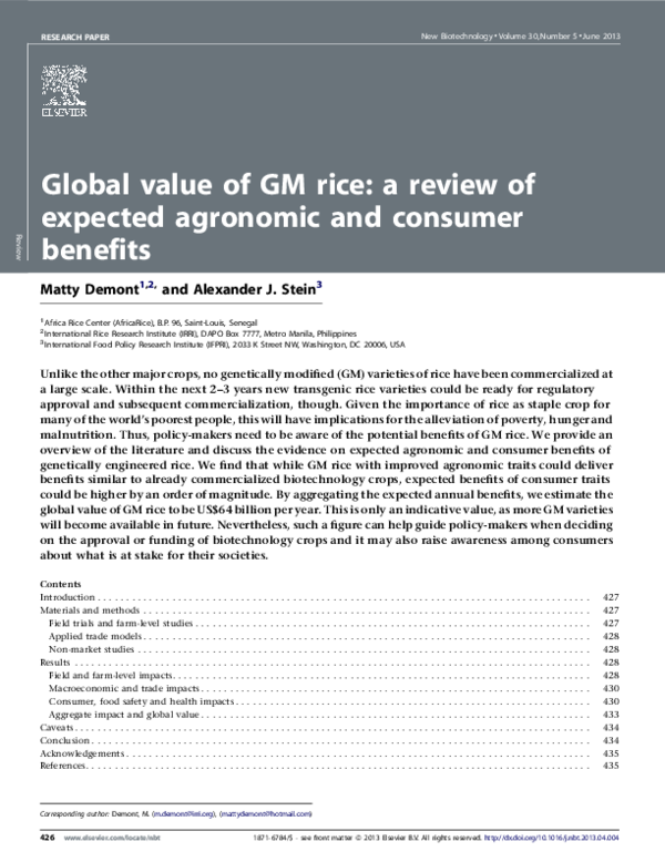 (PDF) Global value of GM rice: a review of expected agronomic and ...