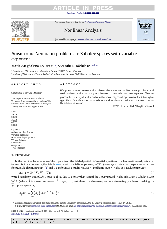 Pdf Anisotropic Neumann Problems In Sobolev Spaces With Variable Exponent
