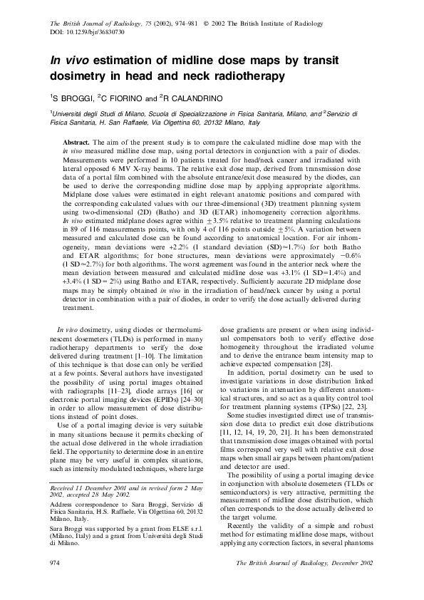 (PDF) In vivo estimation of midline dose maps by transit dosimetry in ...