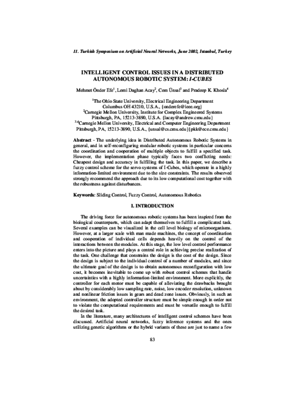 (PDF) INTELLIGENT CONTROL ISSUES IN A DISTRIBUTED AUTONOMOUS ROBOTIC SYSTEM: I-CUBES