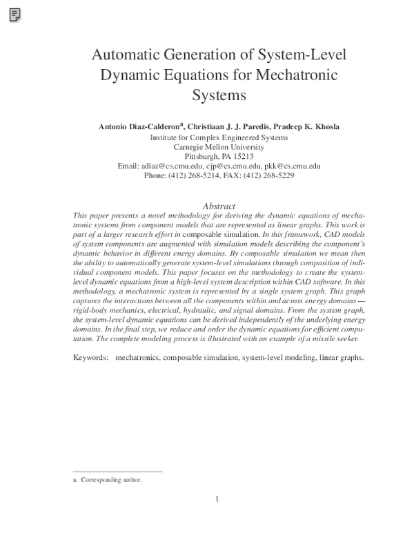 Pdf Automatic Generation Of System Level Dynamic Equations For