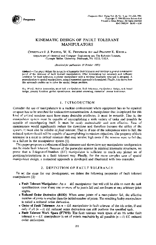 (PDF) Kinematic design of fault tolerant manipulators