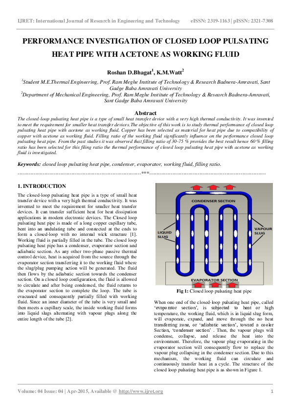 Pdf Performance Investigation Of Closed Loop Pulsating Heat Pipe With Acetone As Working Fluid