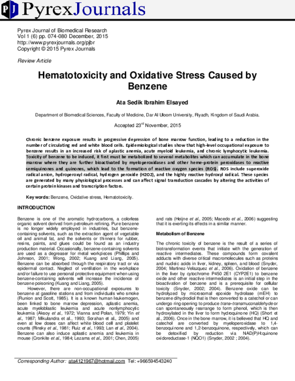 (PDF) Hematotoxicity and Oxidative Stress Caused by Benzene
