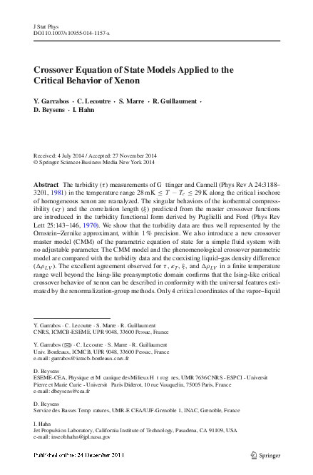 (PDF) Crossover Equation of State Models Applied to the Critical ...