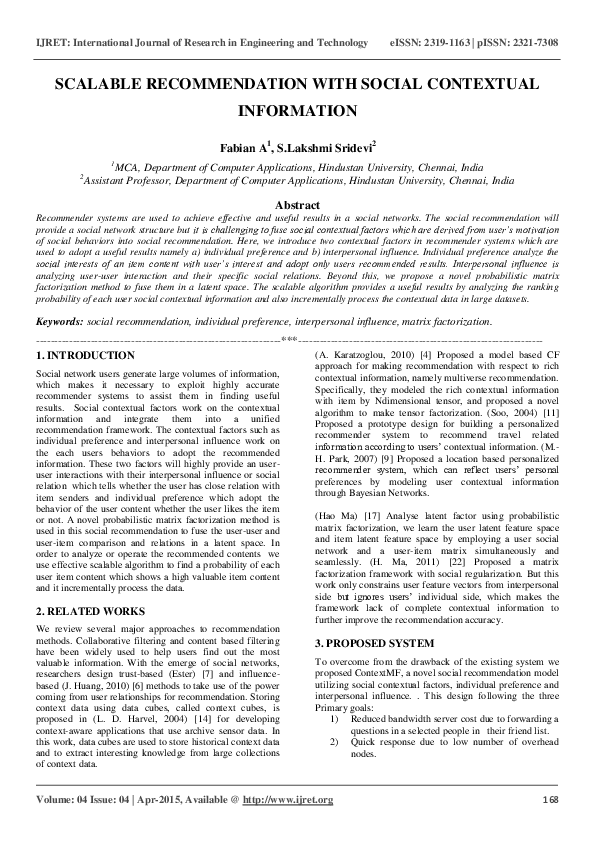 Pdf Scalable Recommendation With Social Contextual Information