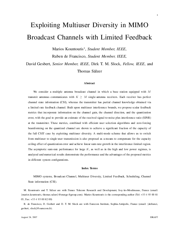 (PDF) Exploiting multiuser diversity in MIMO broadcast channels with limited feedback