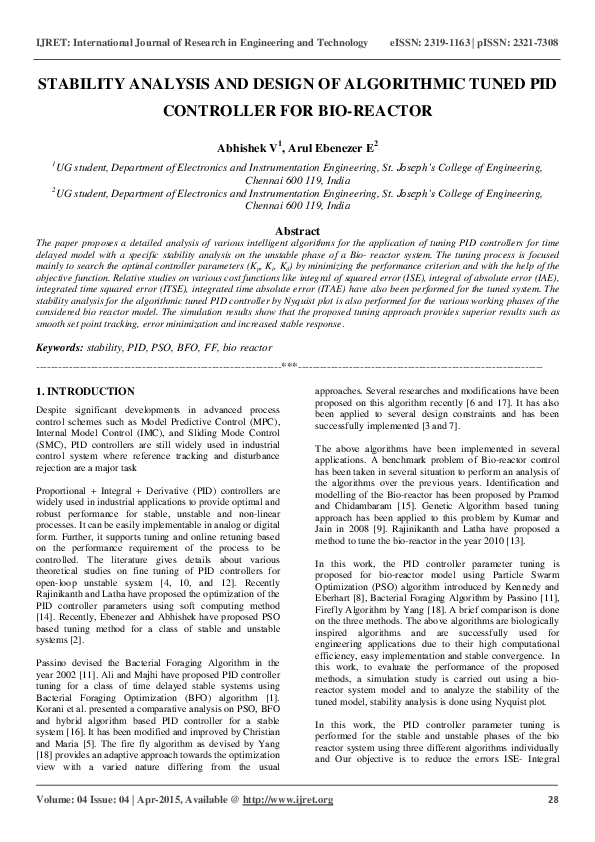 (PDF) STABILITY ANALYSIS AND DESIGN OF ALGORITHMIC TUNED PID CONTROLLER FOR BIO-REACTOR