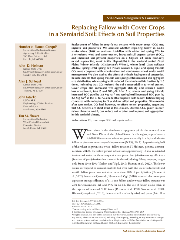 (PDF) Replacing Fallow with Cover Crops in a Semiarid Soil: Effects on ...