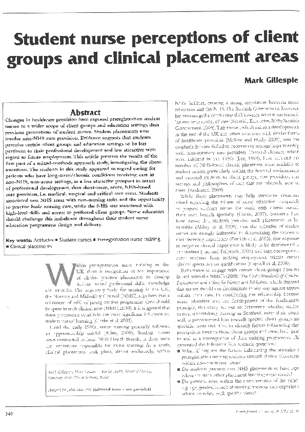 (PDF) Student nurse perceptions of client groups and clinical placement areas