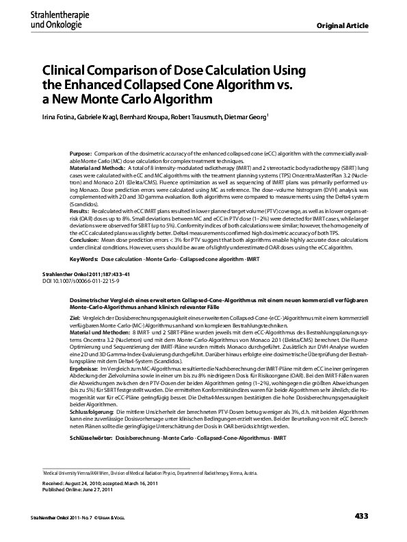 Pdf Clinical Comparison Of Dose Calculation Using The Enhanced Collapsed Cone Algorithm Vs A