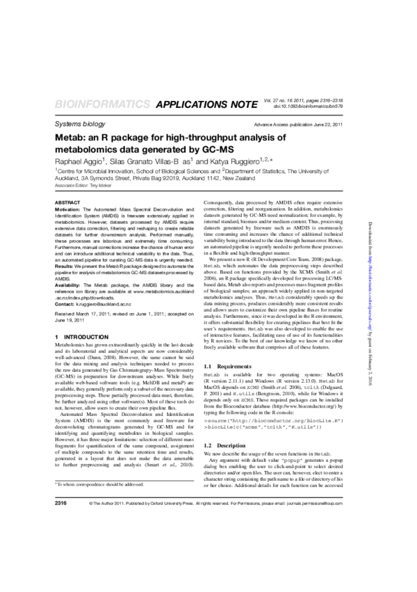 (PDF) Metab: an R package for high-throughput analysis of metabolomics ...