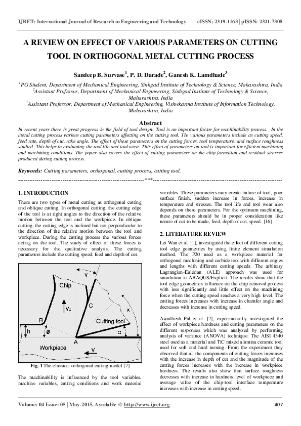 Pdf A Review On Effect Of Various Parameters On Cutting Tool In Orthogonal Metal Cutting Process