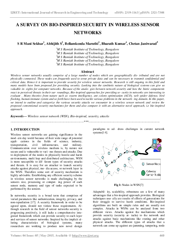 Pdf A Survey On Bio Inspired Security In Wireless Sensor Networks