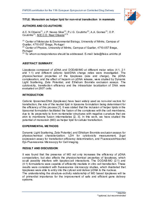 (PDF) Monoolein as helper lipid for non-viral transfection in mammals