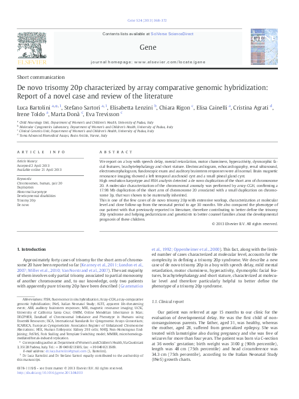 (PDF) De novo trisomy 20p characterized by array comparative genomic ...