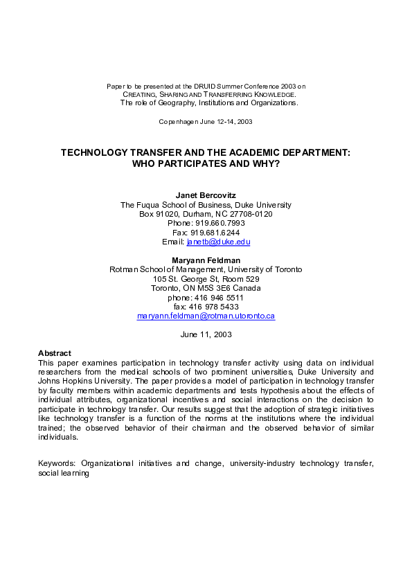 (PDF) Technology transfer and the academic department: who participates ...