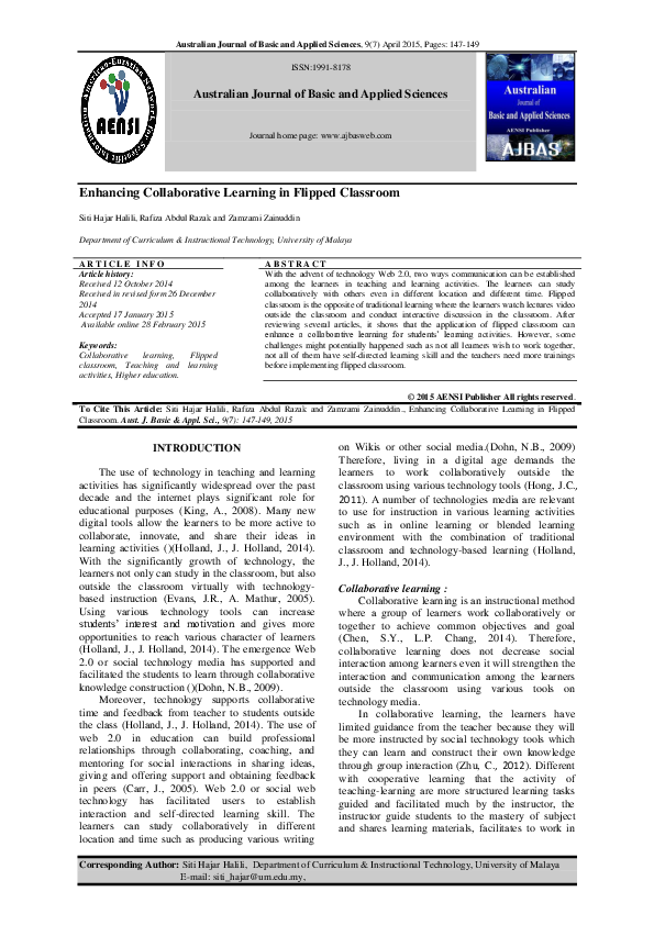 Pdf Enhancing Collaborative Learning In Flipped Classroom