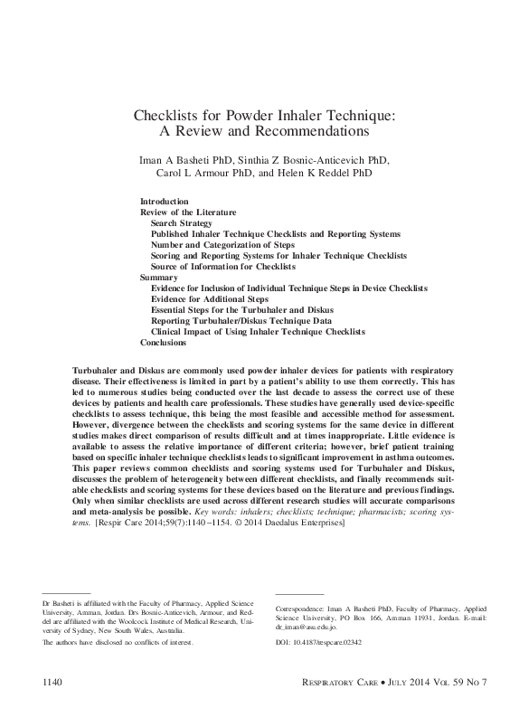 (PDF) Checklists for dry powder inhaler technique: a review and ...