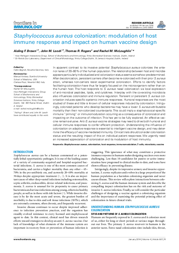 Pdf Staphylococcus Aureus Colonization Modulation Of Host Immune Response And Impact On Human