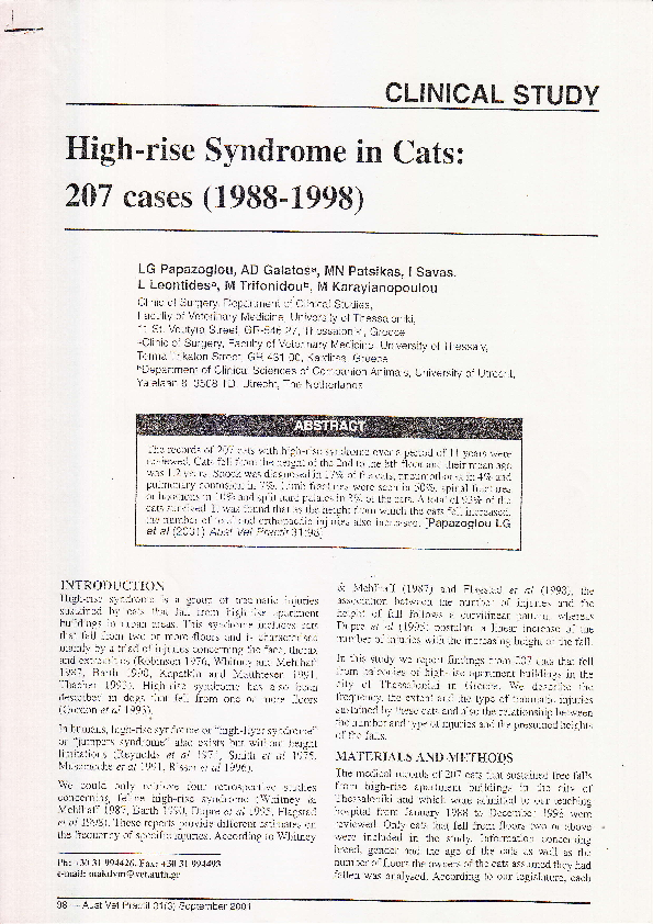 (PDF) High-rise syndrome in cats: 207 cases (1988-1998)