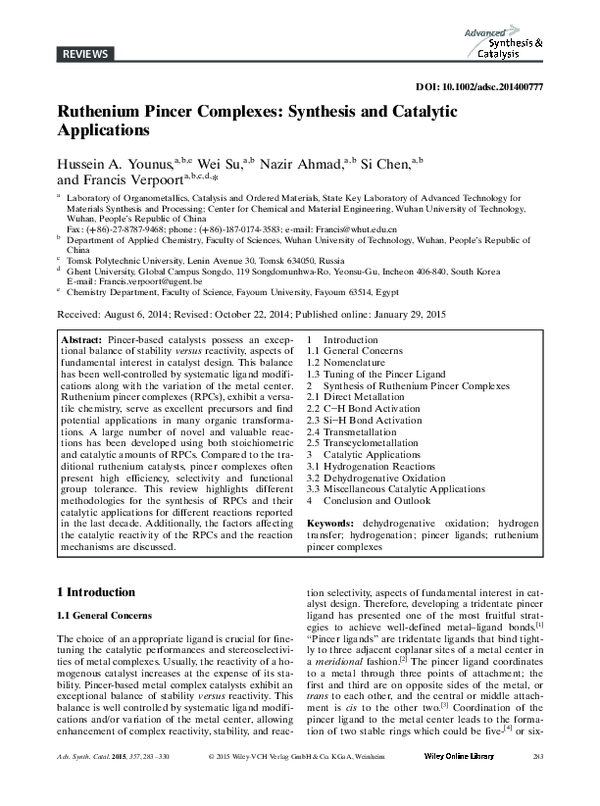 (PDF) Ruthenium Pincer Complexes: Synthesis and Catalytic Applications