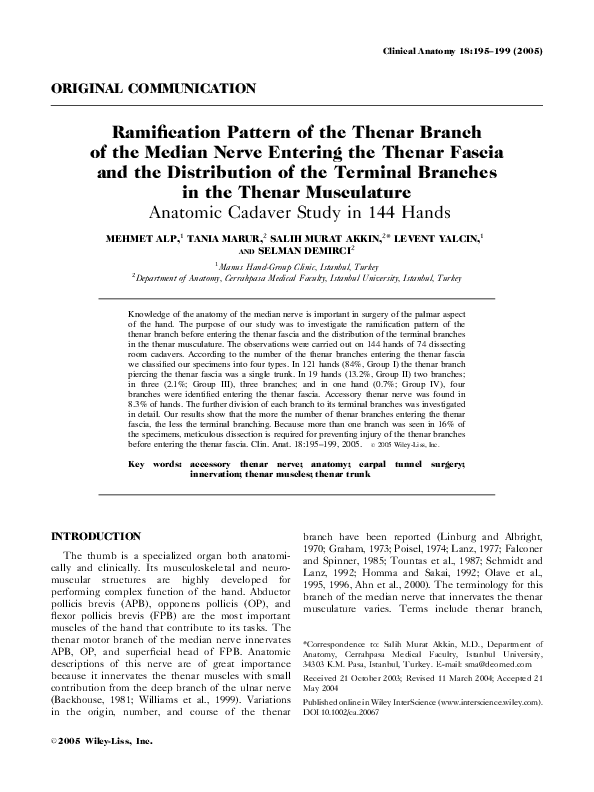 (PDF) Ramification pattern of the thenar branch of the median nerve ...