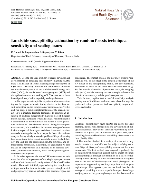 (PDF) Landslide susceptibility estimation by random forests technique: sensitivity and scaling ...