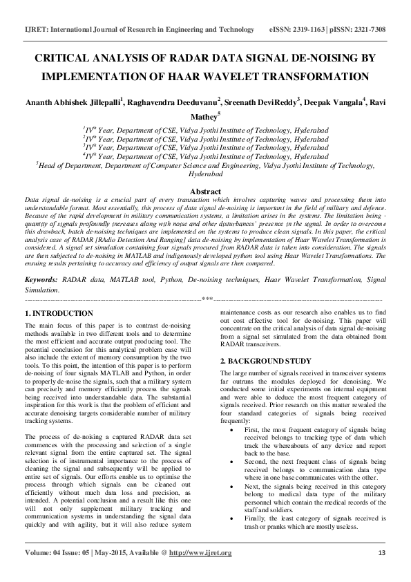 (PDF) CRITICAL ANALYSIS OF RADAR DATA SIGNAL DE-NOISING BY IMPLEMENTATION OF HAAR WAVELET ...