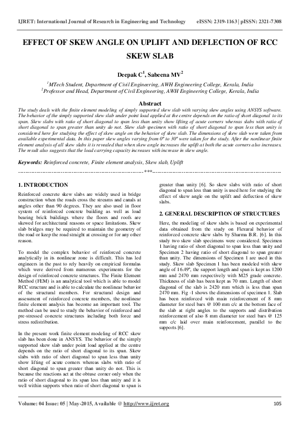 (PDF) EFFECT OF SKEW ANGLE ON UPLIFT AND DEFLECTION OF RCC SKEW SLAB