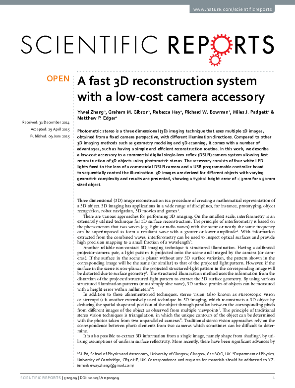 (PDF) A fast 3D reconstruction system with a low-cost camera accessory