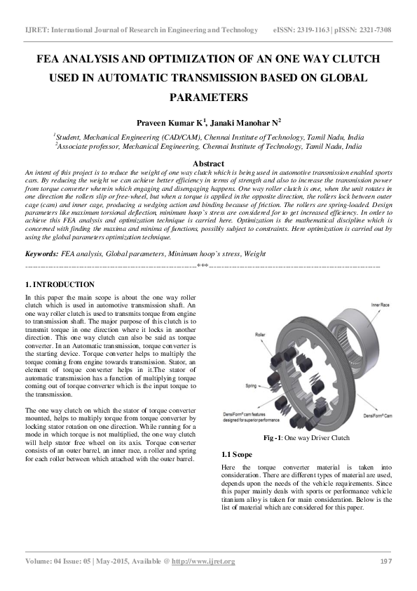 (PDF) FEA ANALYSIS AND OPTIMIZATION OF AN ONE WAY CLUTCH USED IN ...