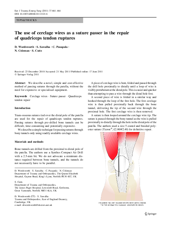 (PDF) The use of cerclage wires as a suture passer in the repair of ...