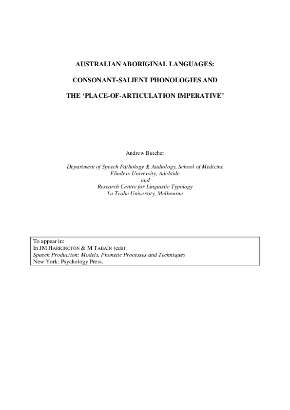 (PDF) Australian Aboriginal languages: Consonant-salient phonologies ...