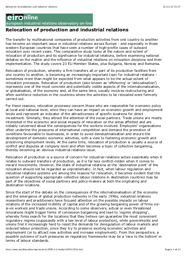 (PDF) Relocation of production and industrial relations