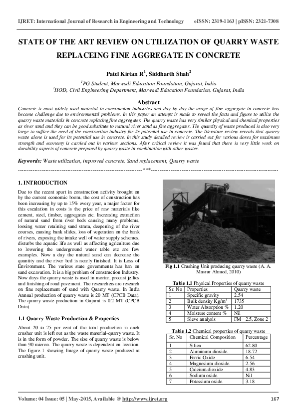 (PDF) STATE OF THE ART REVIEW ON UTILIZATION OF QUARRY WASTE REPLACEING ...