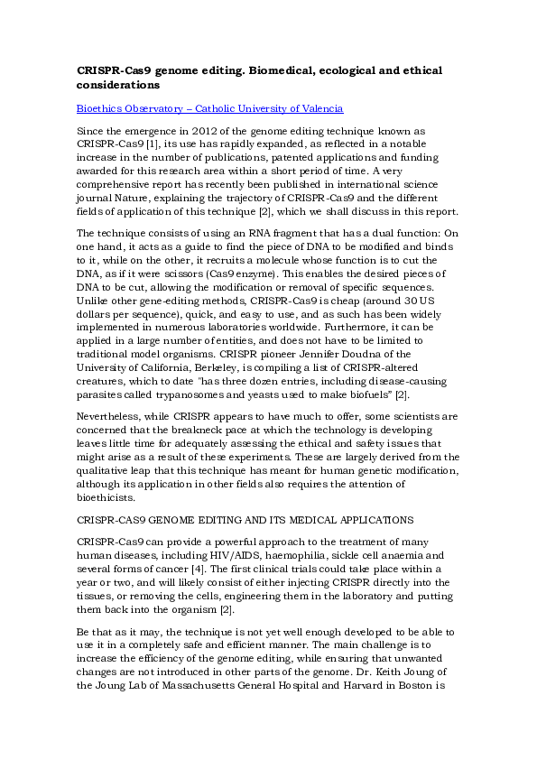 (PDF) CRISPR-Cas9 genome editing. Biomedical, ecological and ethical ...