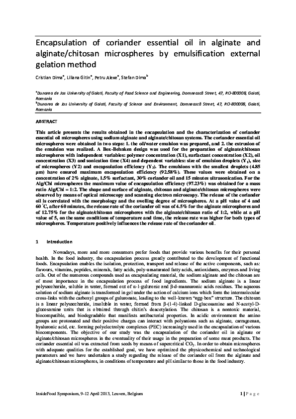 (PDF) Encapsulation of coriander essential oil in alginate and alginate ...