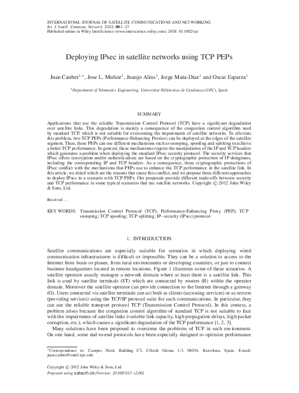 (PDF) Deploying Internet Protocol Security in satellite networks using Transmission Control ...